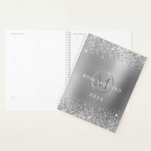 Silver Glitter Metallic Monogram 2023 Boss Lady Planner | Zazzle