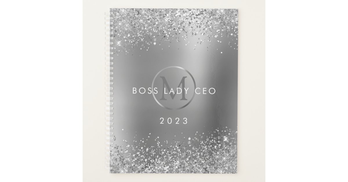 Silver Glitter Metallic Monogram 2023 Boss Lady Planner | Zazzle