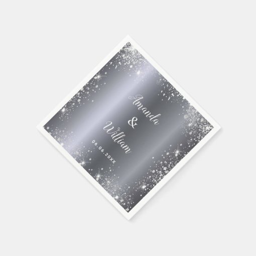 Silver glitter monogram metal wedding napkins | Zazzle