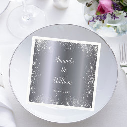 Silver glitter monogram metal wedding napkins | Zazzle
