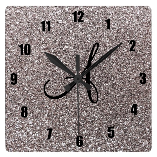 Silver glitter monogram square wall clock | Zazzle.com