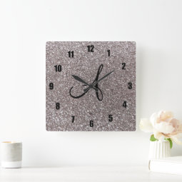 Silver glitter monogram square wall clock | Zazzle