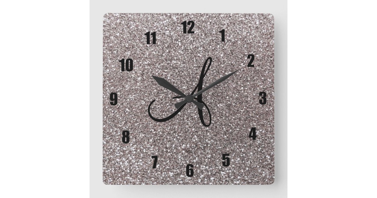 Silver glitter monogram square wall clock | Zazzle