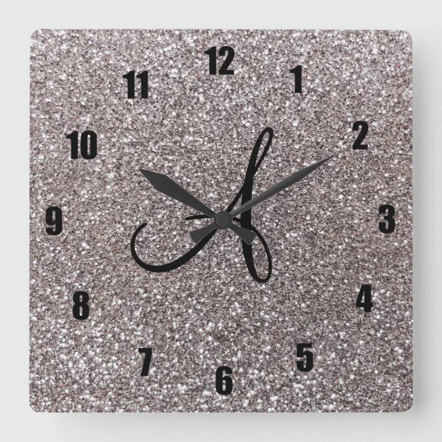 Silver glitter monogram square wall clock | Zazzle