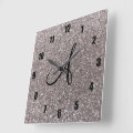 Silver glitter monogram square wall clock | Zazzle