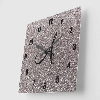 Silver glitter monogram square wall clock | Zazzle