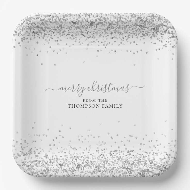 Silver Glitter Name Merry Christmas White Paper Plates | Zazzle