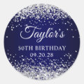 Silver Glitter Navy Blue 50th Birthday Classic Round Sticker | Zazzle