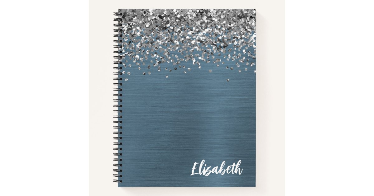 Silver Glitter Navy Blue Brushed Metal Monogram Notebook | Zazzle