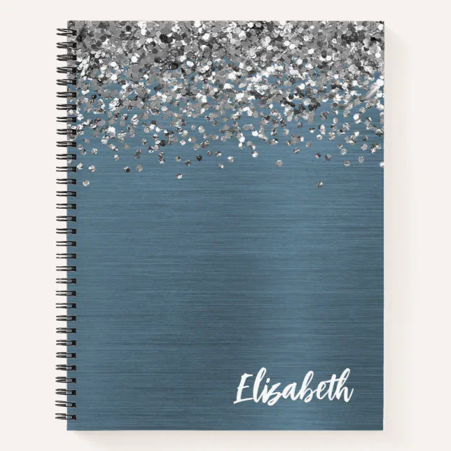 Silver Glitter Navy Blue Brushed Metal Monogram Notebook | Zazzle