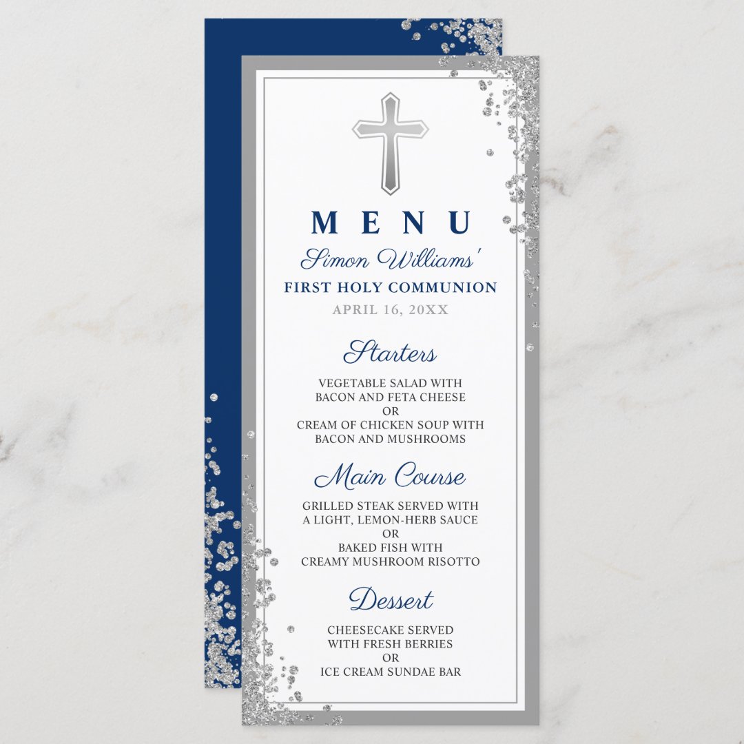 Silver Glitter Navy Blue First Communion Menu | Zazzle