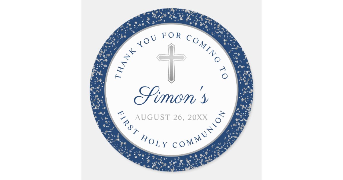 Silver Glitter Navy Blue First Holy Communion Classic Round Sticker ...