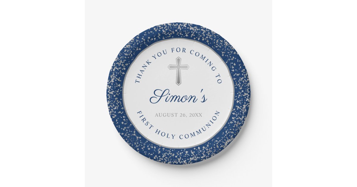 Silver Glitter Navy Blue First Holy Communion Paper Plates | Zazzle