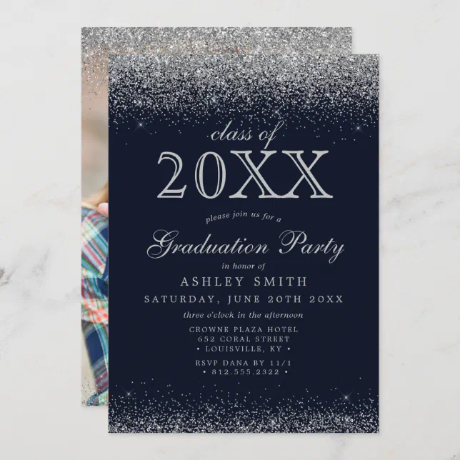 Silver Glitter Navy Blue Photo Graduation Invitation | Zazzle