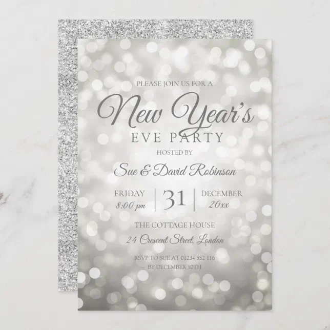 Silver Glitter New Years Eve Party Lights Invitation | Zazzle