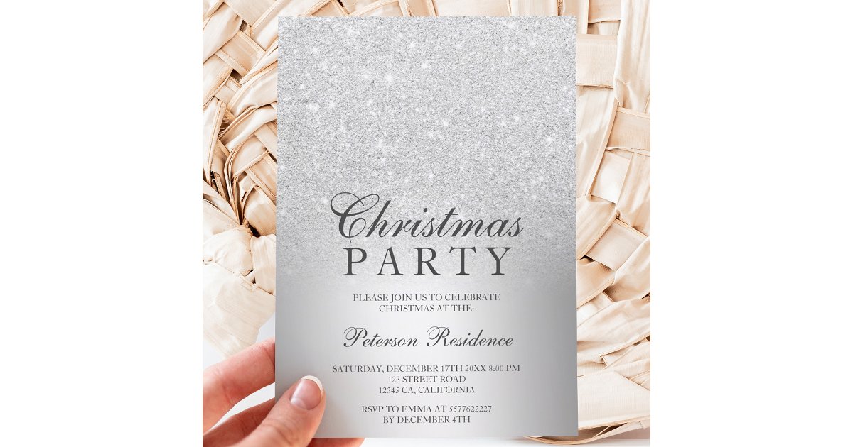 Silver glitter ombre metallic foil Christmas Invitation | Zazzle