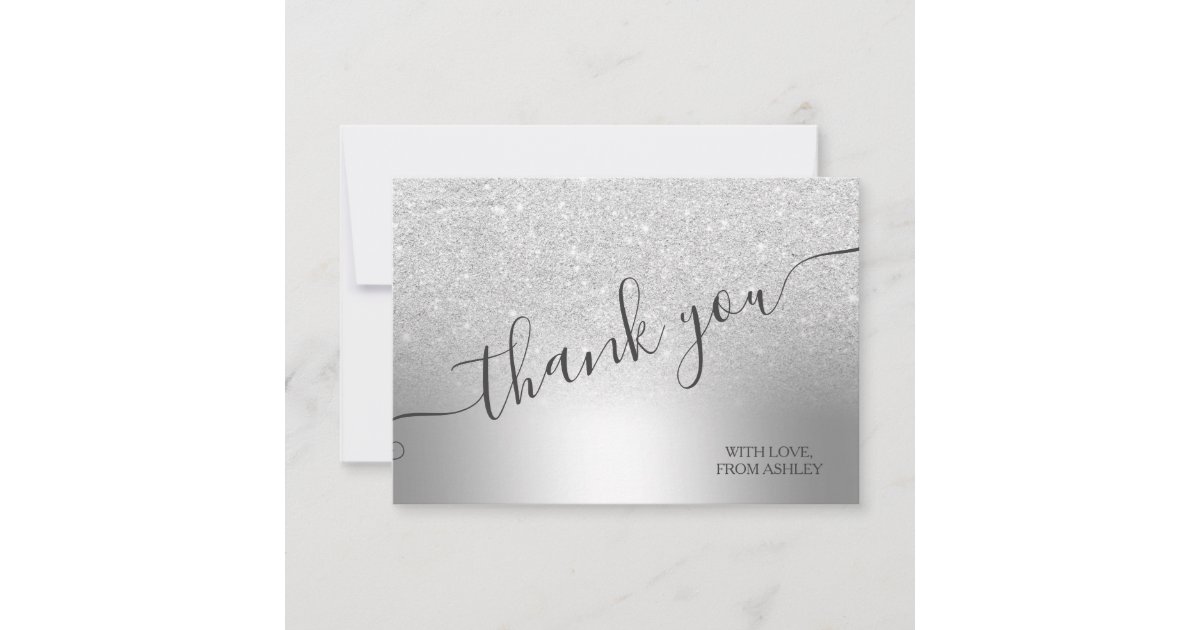 Silver glitter ombre metallic foil thank you | Zazzle