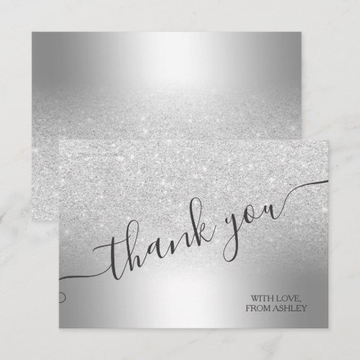 Silver glitter ombre metallic foil thank you | Zazzle
