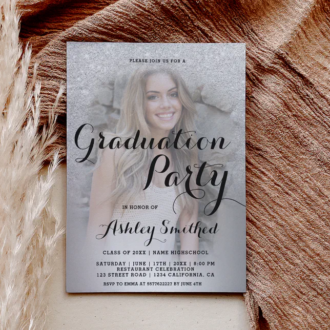 Silver glitter ombre metallic photo graduation invitation | Zazzle