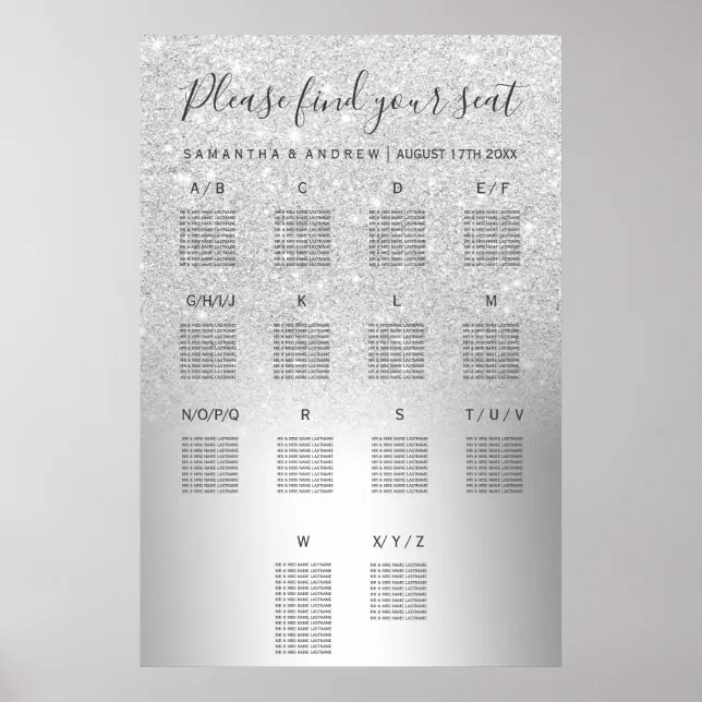 Silver glitter ombre metallic seating chart | Zazzle