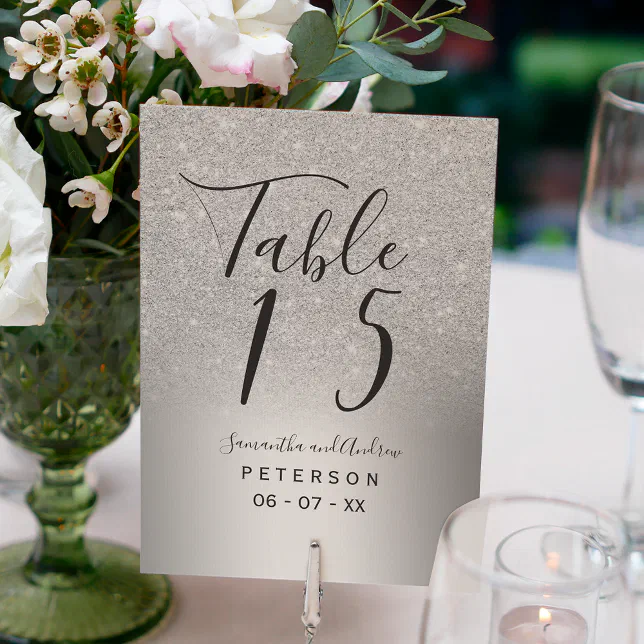 Silver glitter ombre metallic wedding table table number | Zazzle