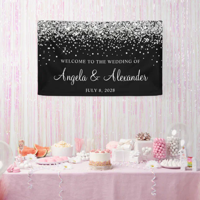 Silver Glitter on Black Wedding Welcome Banner | Zazzle