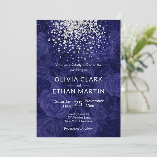 Silver Glitter on Royal Blue Roses Invitation | Zazzle