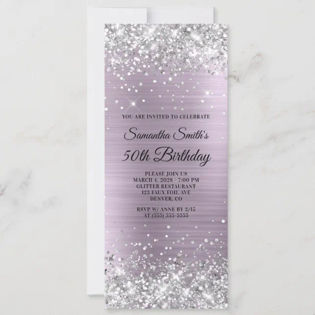 Silver Glitter Pale Lavender Foil 50th Birthday Invitation | Zazzle