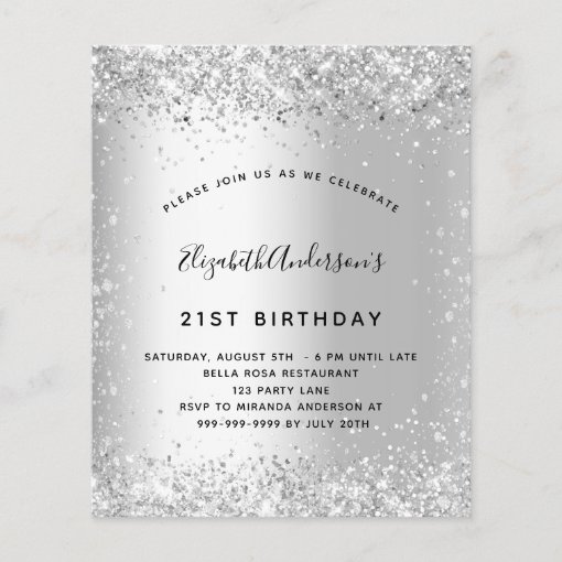 Silver glitter party birthday budget invitation | Zazzle