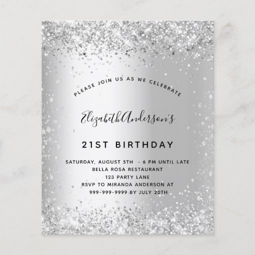 Silver glitter party birthday budget invitation | Zazzle