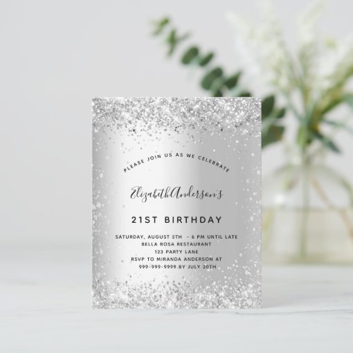 Silver glitter party birthday budget invitation | Zazzle
