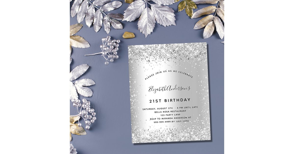 Silver glitter party birthday budget invitation | Zazzle