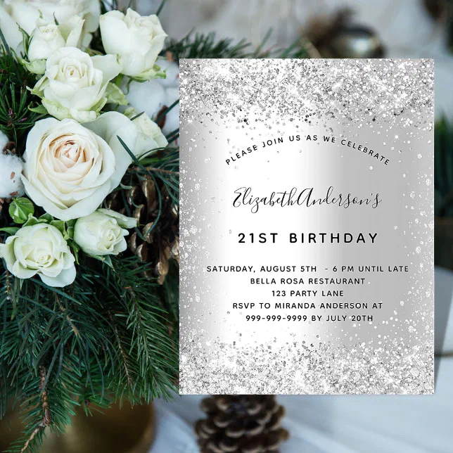 Silver glitter party elegant glamourous birthday invitation | Zazzle