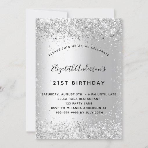 Silver glitter party elegant glamourous birthday invitation | Zazzle