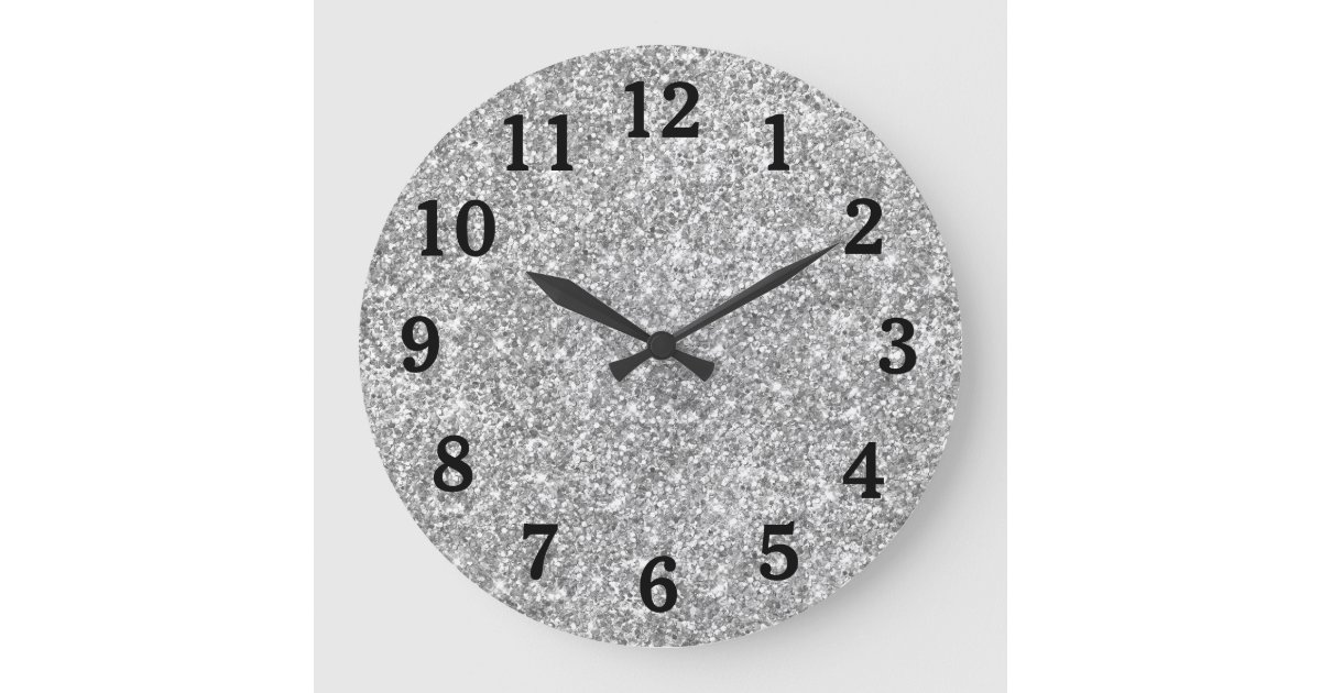 Silver Glitter Photo Black Numbers Large Clock | Zazzle