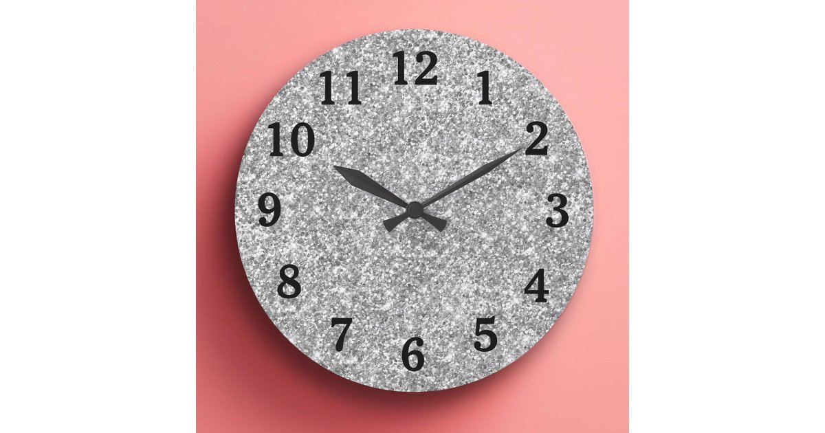 Silver Glitter Photo Black Numbers Large Clock | Zazzle