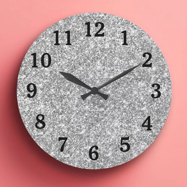 Silver Glitter Photo Black Numbers Large Clock | Zazzle
