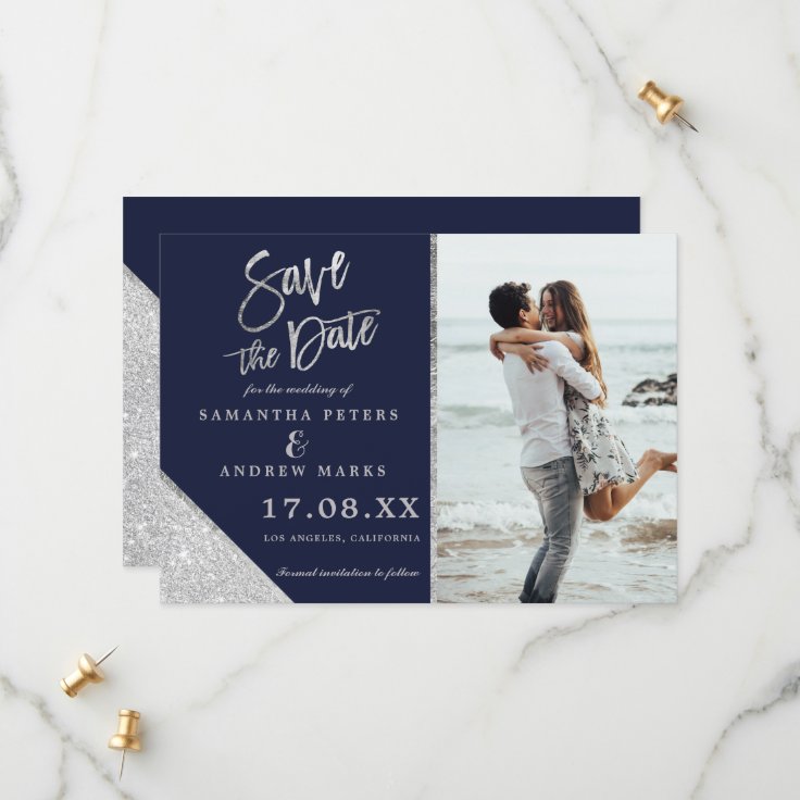 Silver glitter photo navy blue save the date | Zazzle