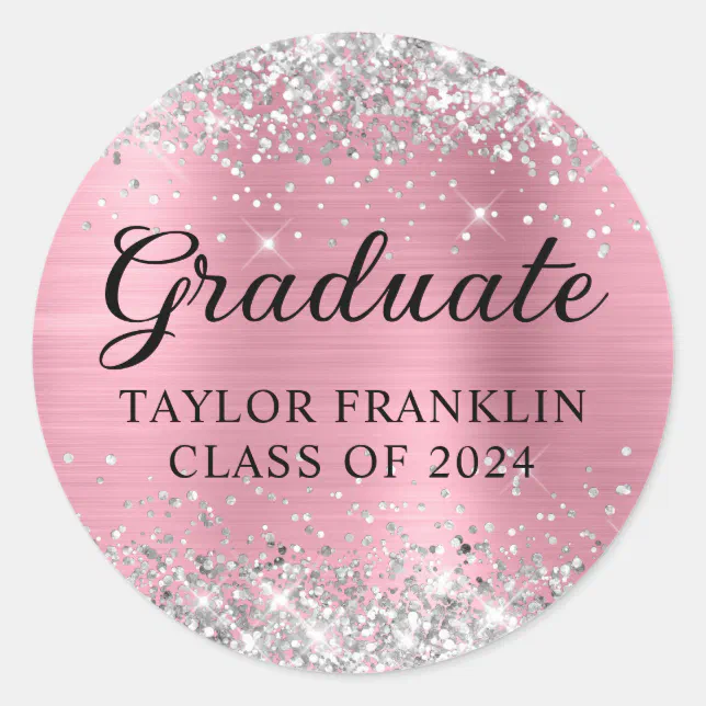 Silver Glitter Pink Class of 2024 Graduate Classic Round Sticker | Zazzle