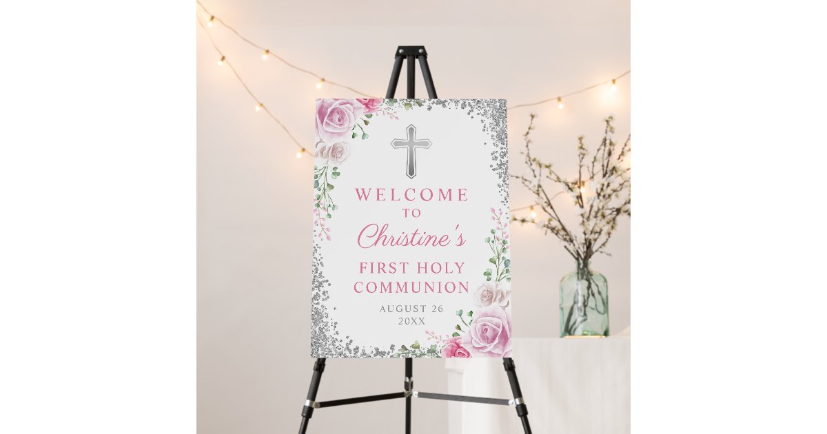 Silver Glitter Pink Floral First Holy Communion Foam Board | Zazzle