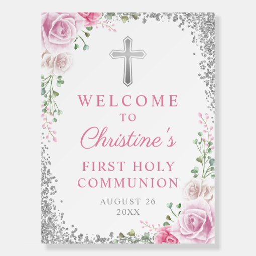 Silver Glitter Pink Floral First Holy Communion Foam Board | Zazzle