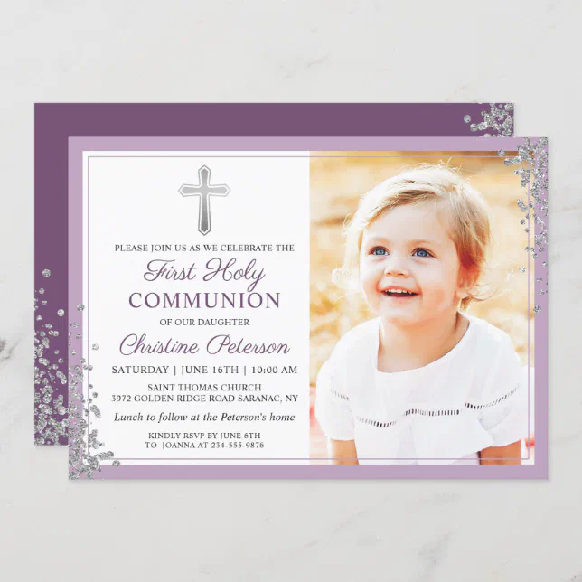 Silver Glitter Plum Purple First Communion Photo Invitation | Zazzle