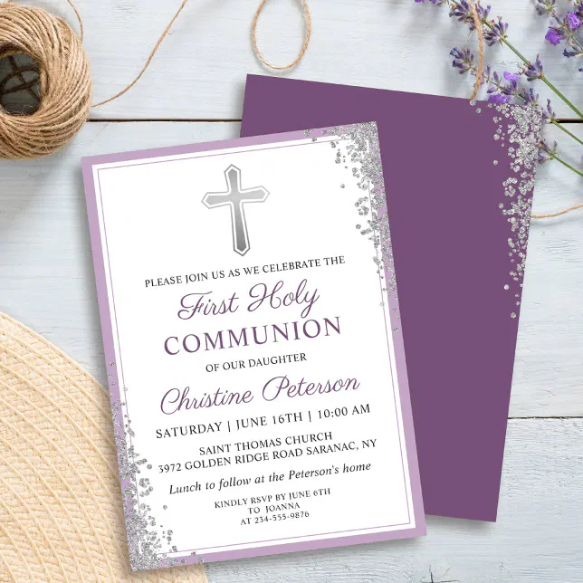 Silver Glitter Plum Purple First Holy Communion Invitation | Zazzle