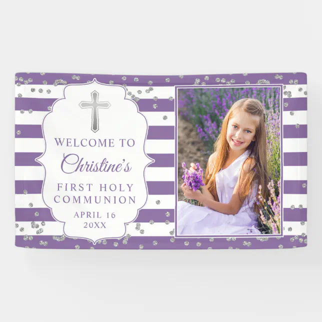 Silver Glitter Purple First Holy Communion Photo Banner | Zazzle