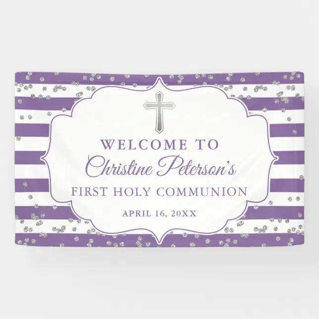 Silver Glitter Purple First Holy Communion Welcome Banner | Zazzle