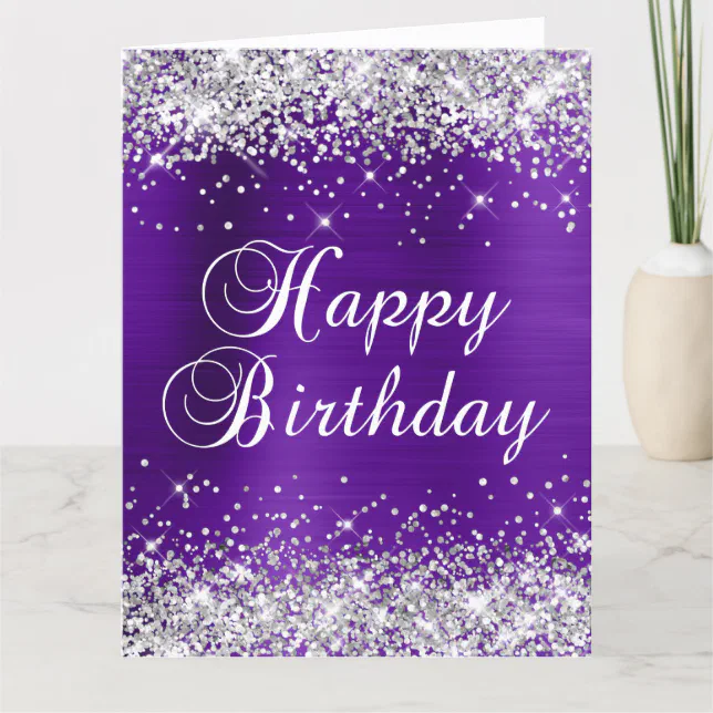 Silver Glitter Purple Foil Big Happy Birthday Card | Zazzle