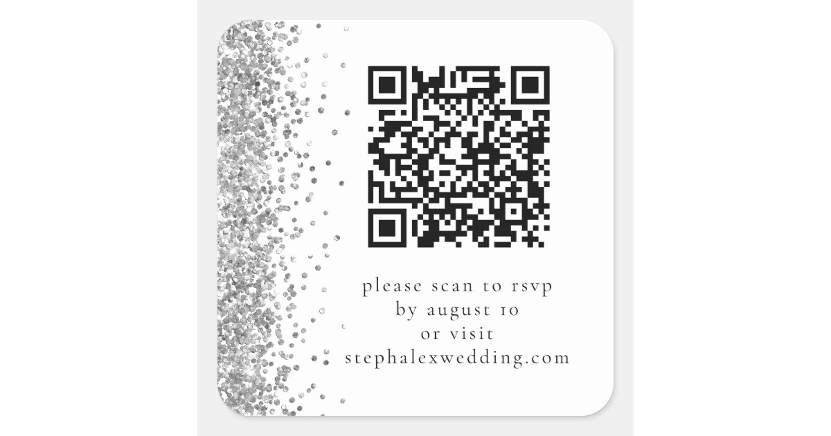 Silver Glitter QR code to RSVP Wedding Square Sticker | Zazzle