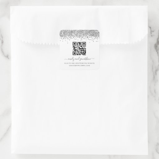 Silver Glitter QR Code Wedding Website Square Sticker | Zazzle