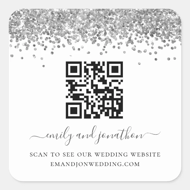 Silver Glitter QR Code Wedding Website Square Sticker | Zazzle
