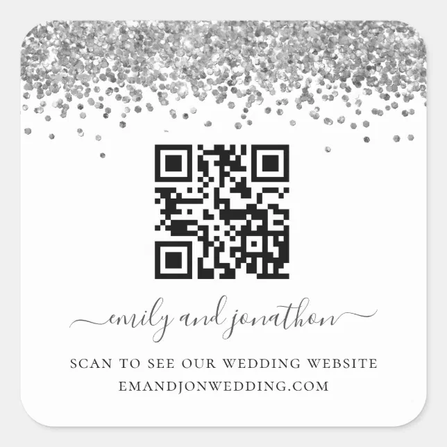 Silver Glitter QR Code Wedding Website Square Sticker | Zazzle